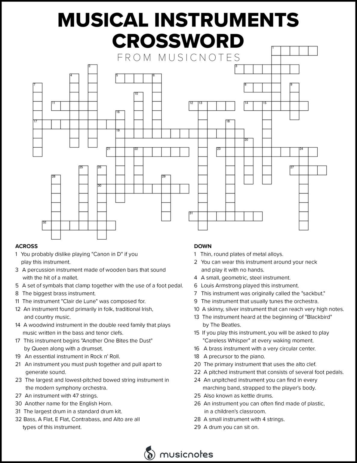 Musical Crossword Puzzles With Free Printables Musicnotes Now | Emma ...