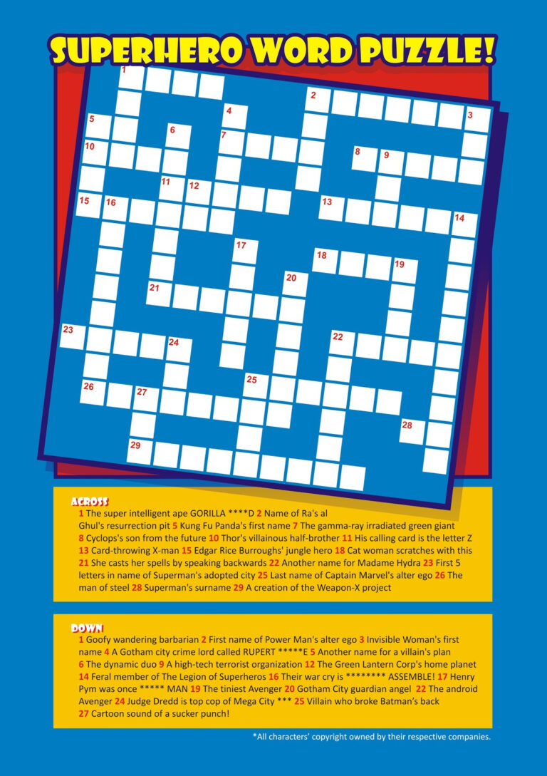 Printable Superhero Crossword Puzzle Printable Crossword Puzzles | Emma ...